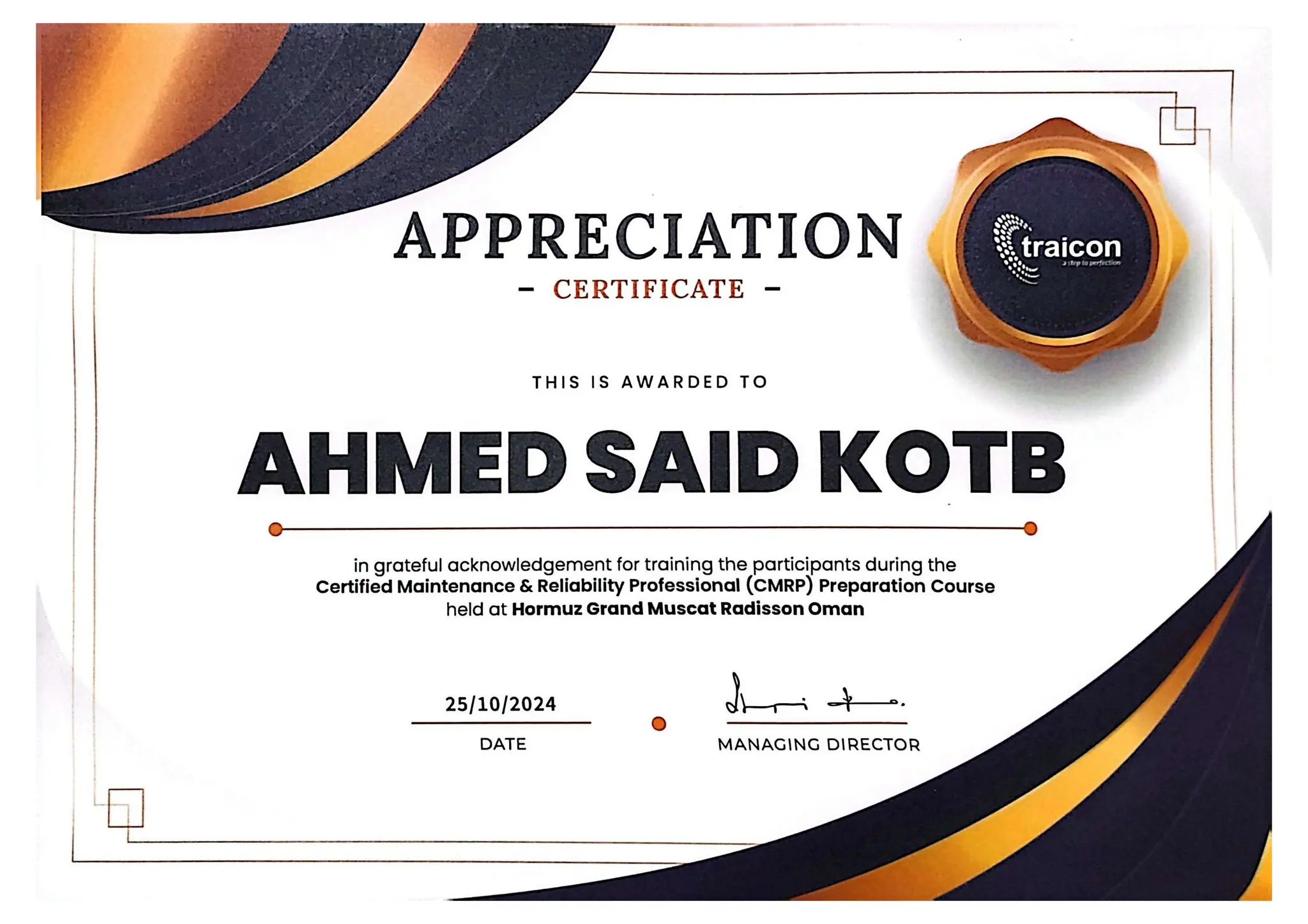 Appreciation Certificate for conducting the Certified Maintenance and ...