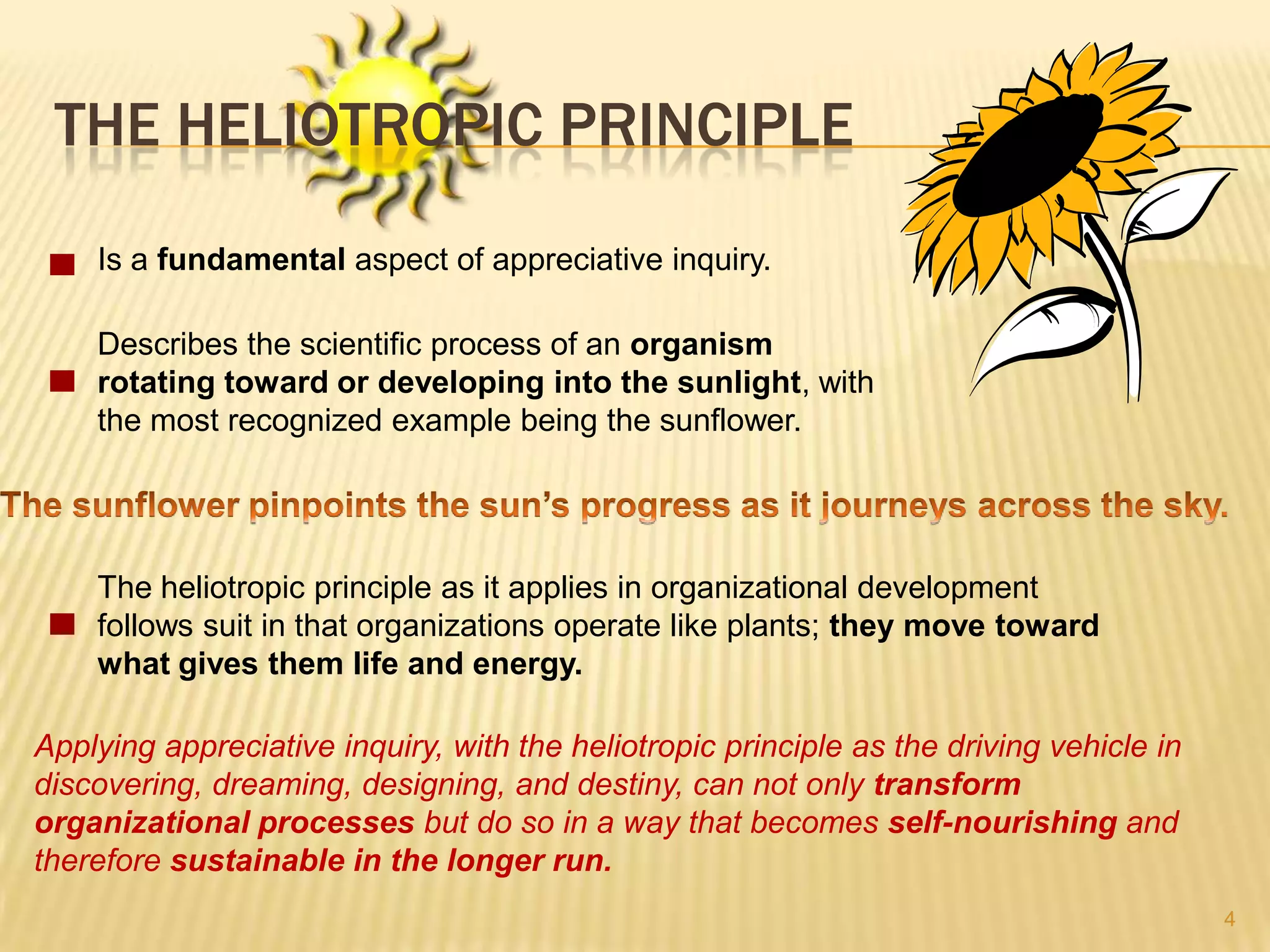 Appreciative inquiry applying the heliotropic principle to influence ...