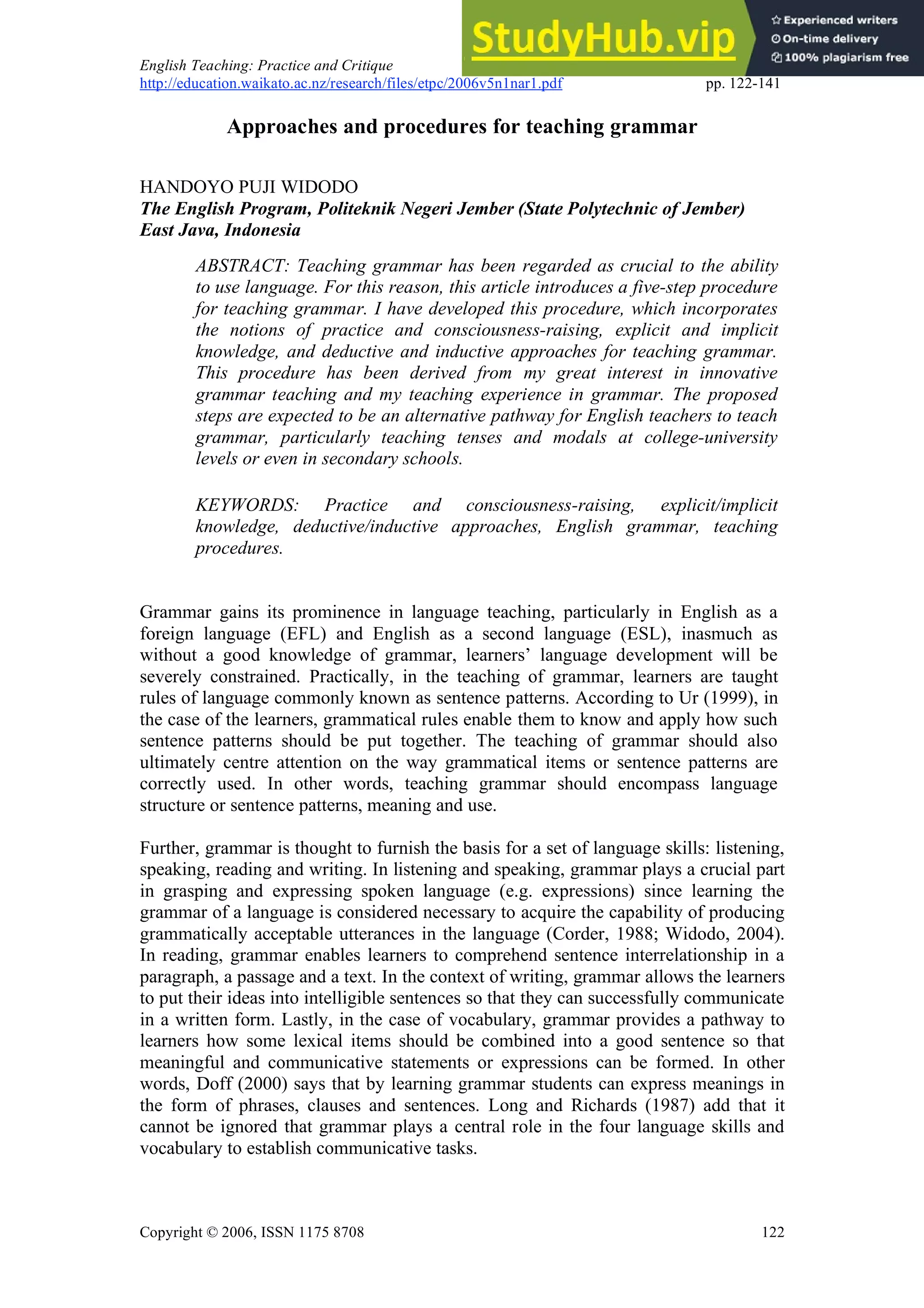 Approaches And Procedures For Teaching Grammar | PDF