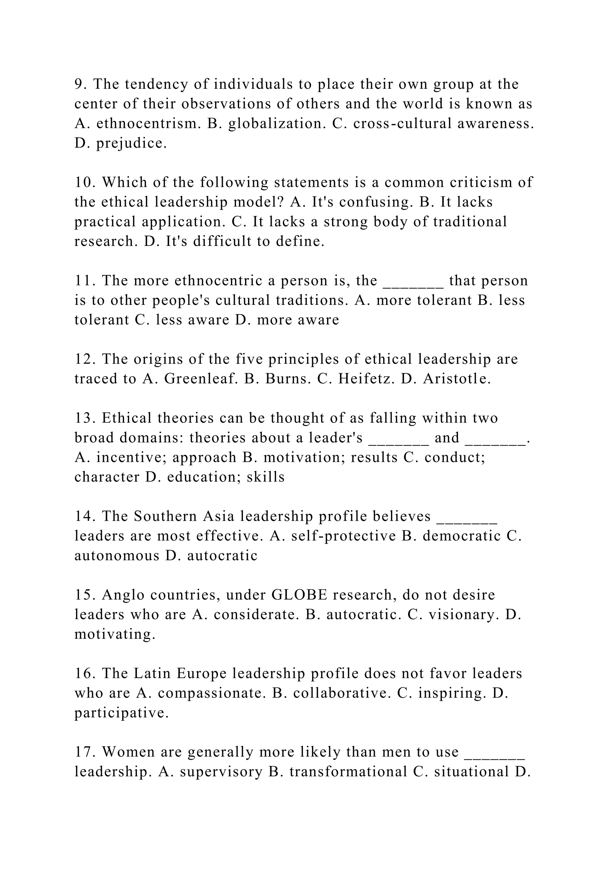 Approaches to LeadershipQuestions 1 to 20 Select the best answe.docx