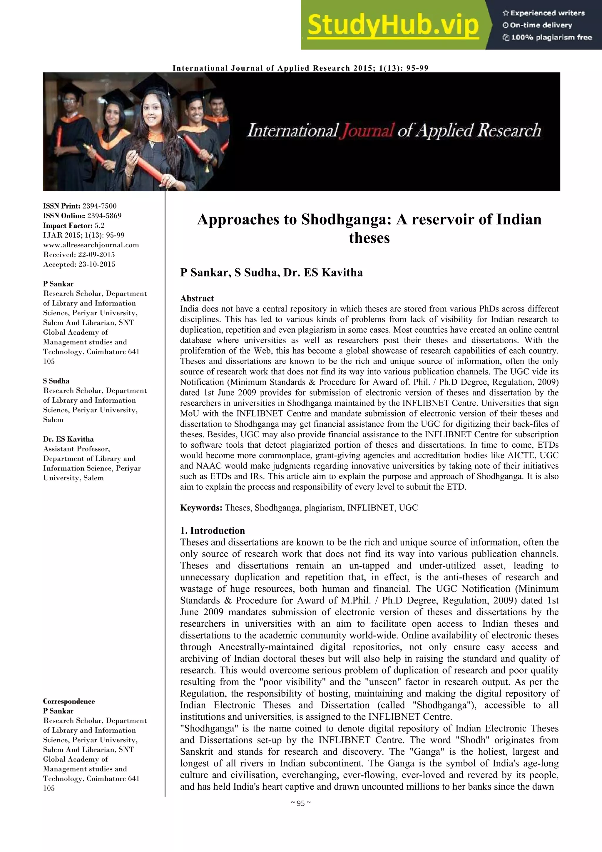 Approaches To Shodhganga A Reservoir Of Indian Theses | PDF