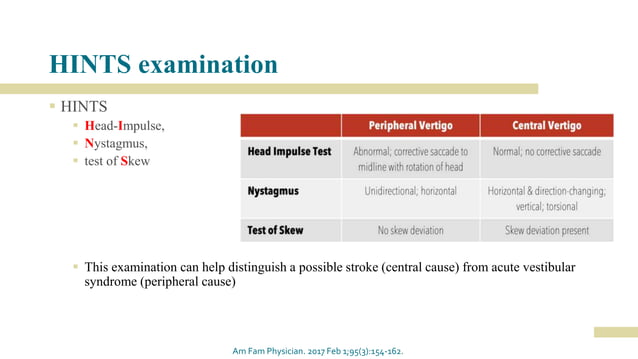 Approach to evaluation and management of acute vertigo | PPTX | Brain ...