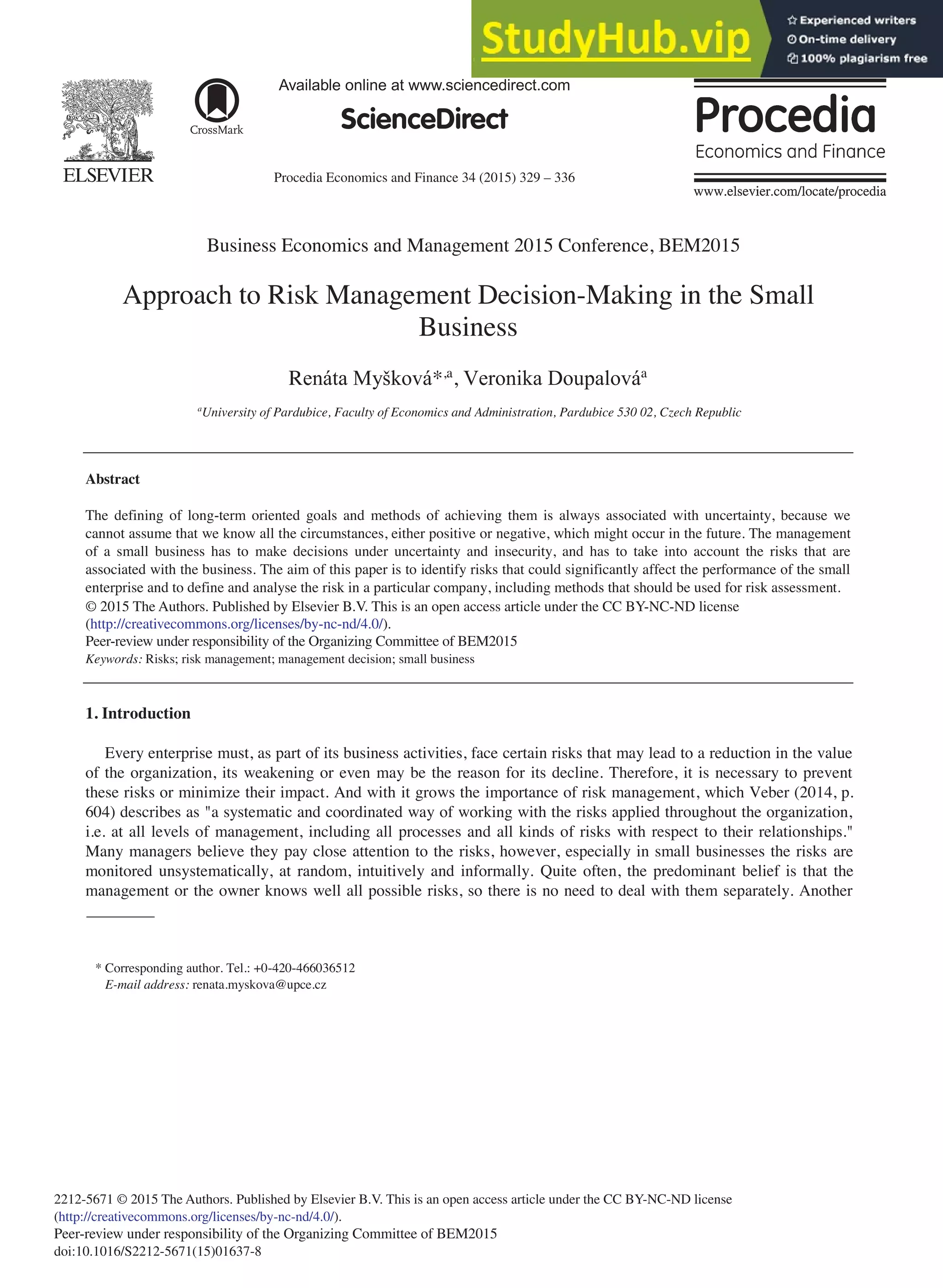 Approach To Risk Management Decision-Making In The Small Business | PDF