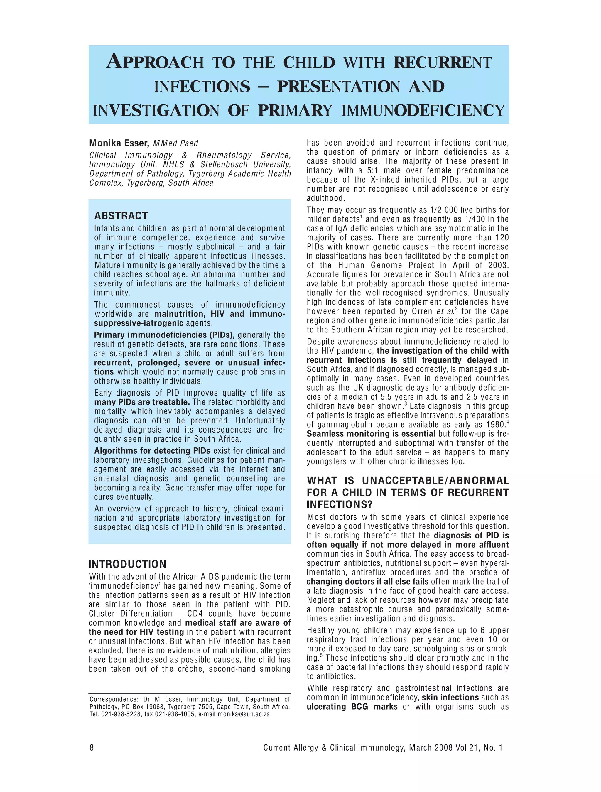 Approach to the child with recurrent infections | PDF