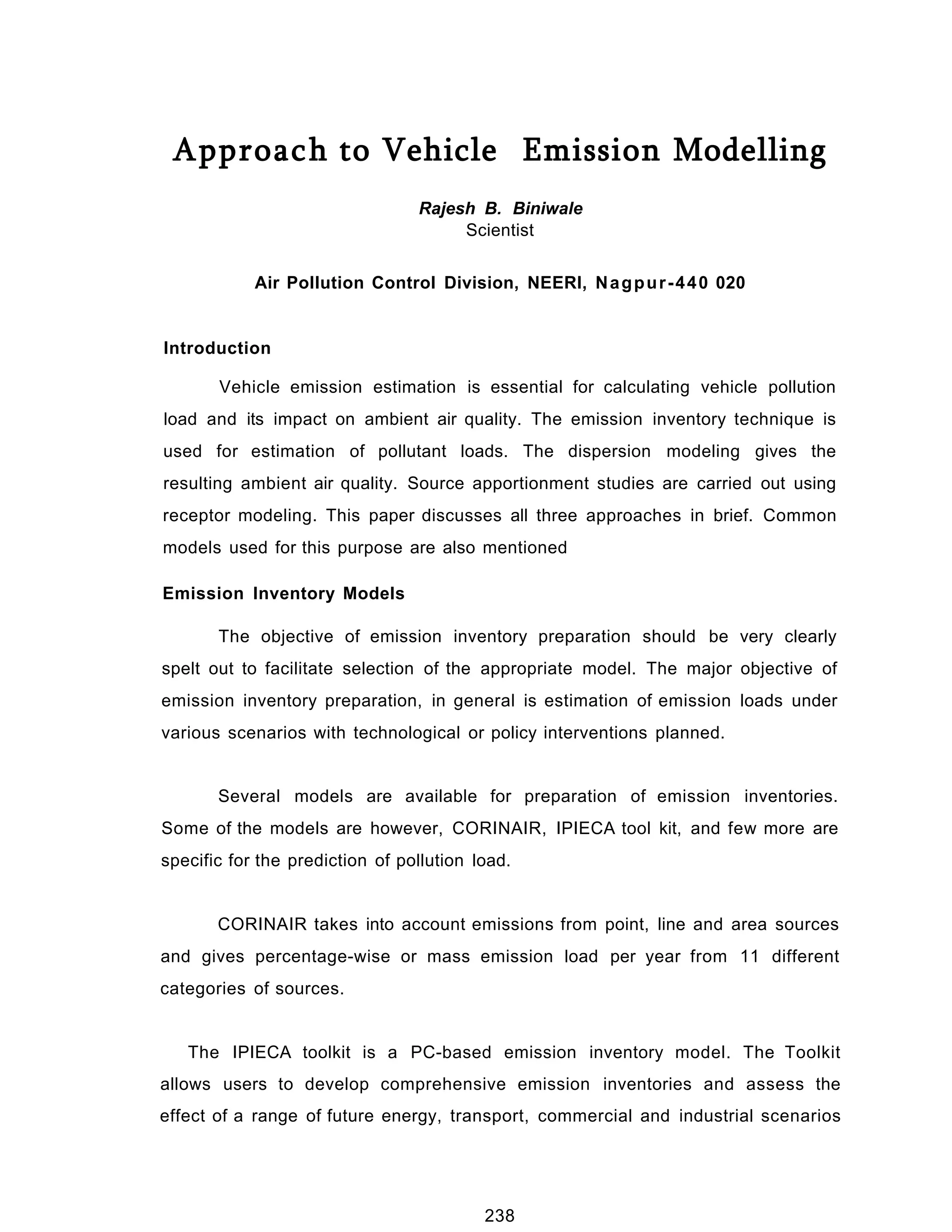 Approach to vehicle emission modelling | PDF