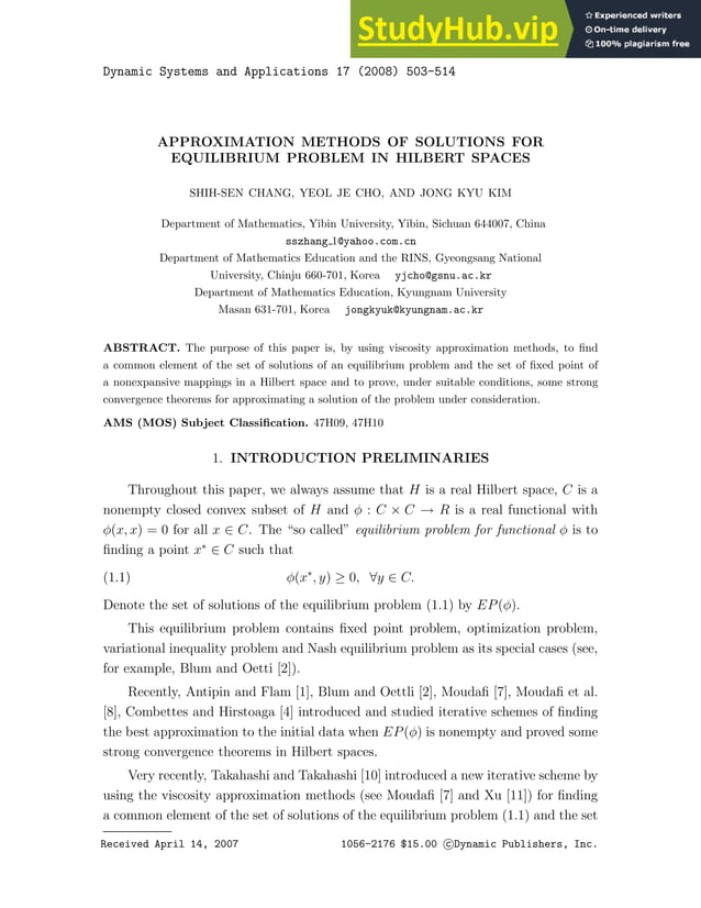 Approximation Methods Of Solutions For Equilibrium Problem In Hilbert Spaces Pdf