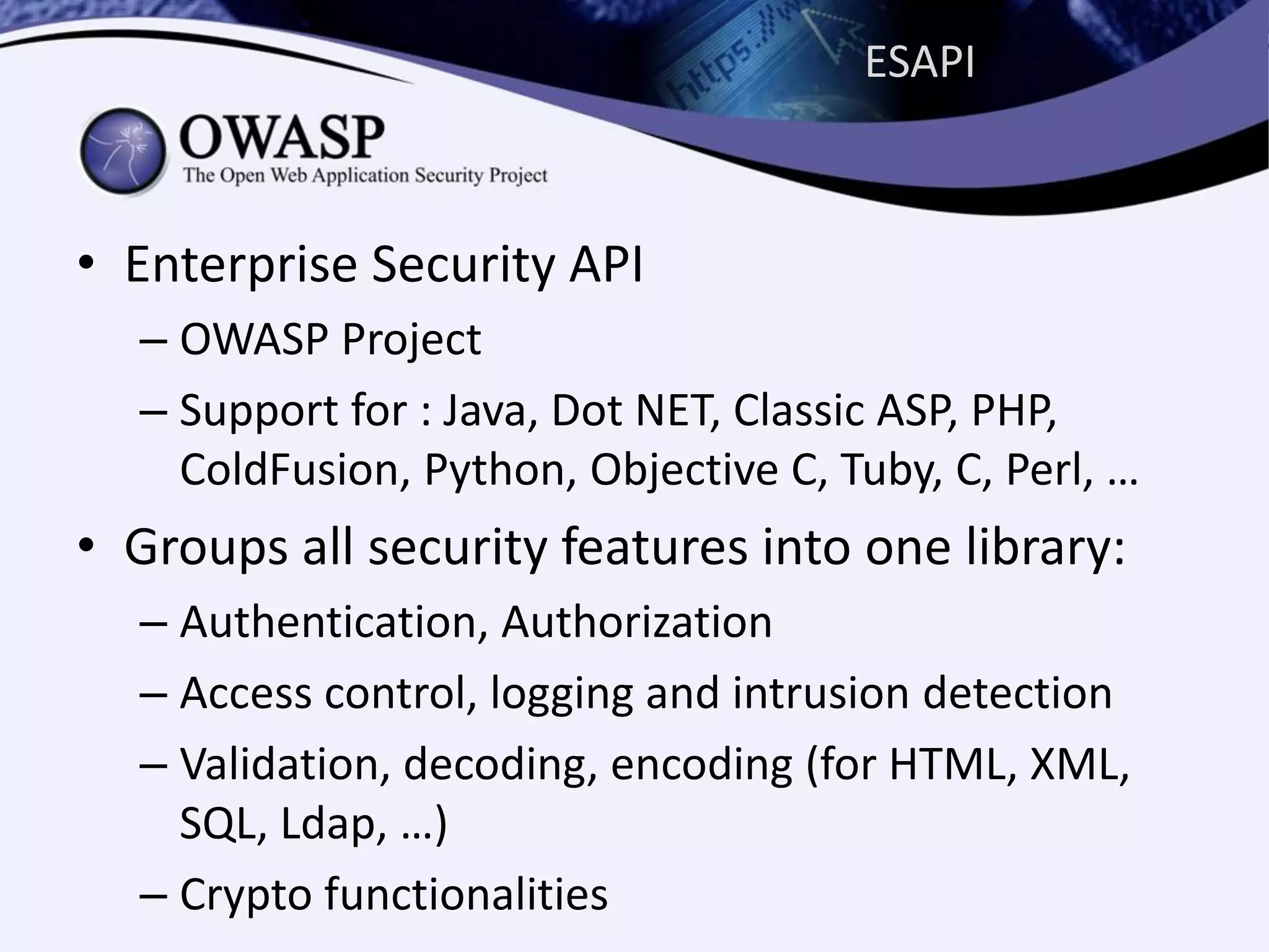 Development Security Framework Based On Owasp Esapi For Jsf20 Ppt 