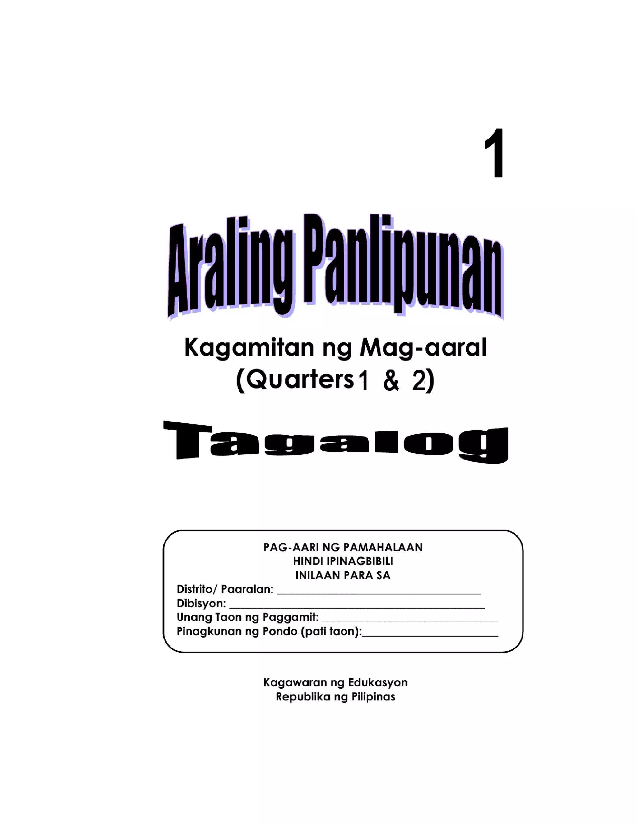 K TO 12 GRADE 1 LEARNING MATERIAL IN ARALING PANLIPUNAN (Q1-Q2) | PDF
