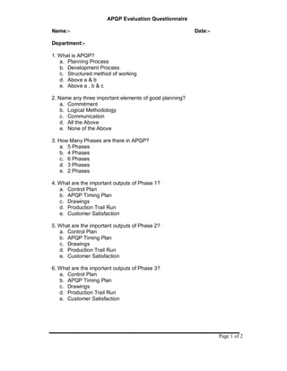 Apqp questionaire | PDF