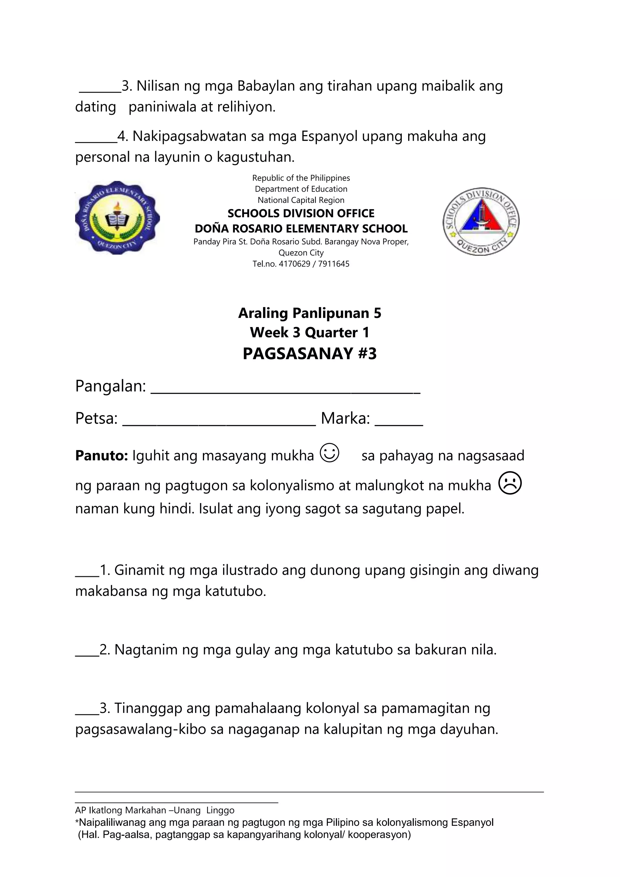 AP_QTR 3 WEEK _1 worksheet and Performance task_pagtugon ng mga pilipino sa kolonyalismo.docx