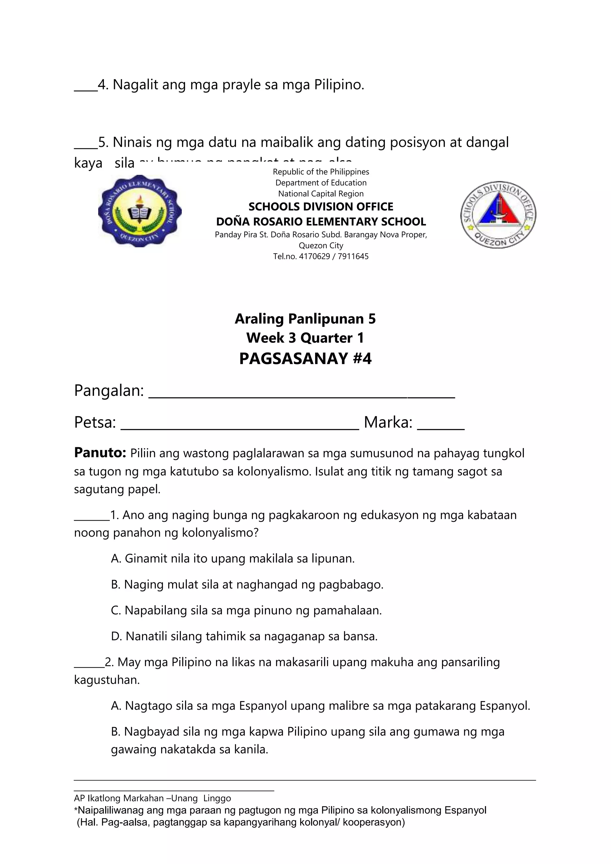 AP_QTR 3 WEEK _1 worksheet and Performance task_pagtugon ng mga pilipino sa kolonyalismo.docx
