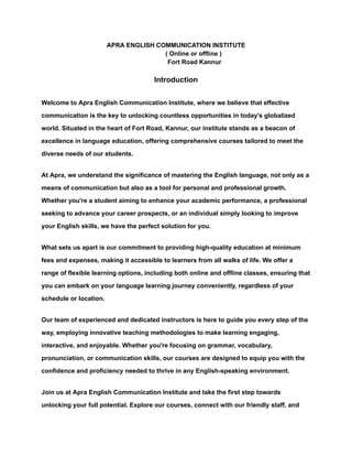 APRA ENGLISH COMMUNICATION INSTITUTE KANNUR | PDF