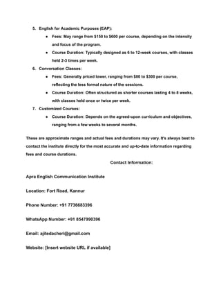 APRA ENGLISH COMMUNICATION INSTITUTE KANNUR | PDF