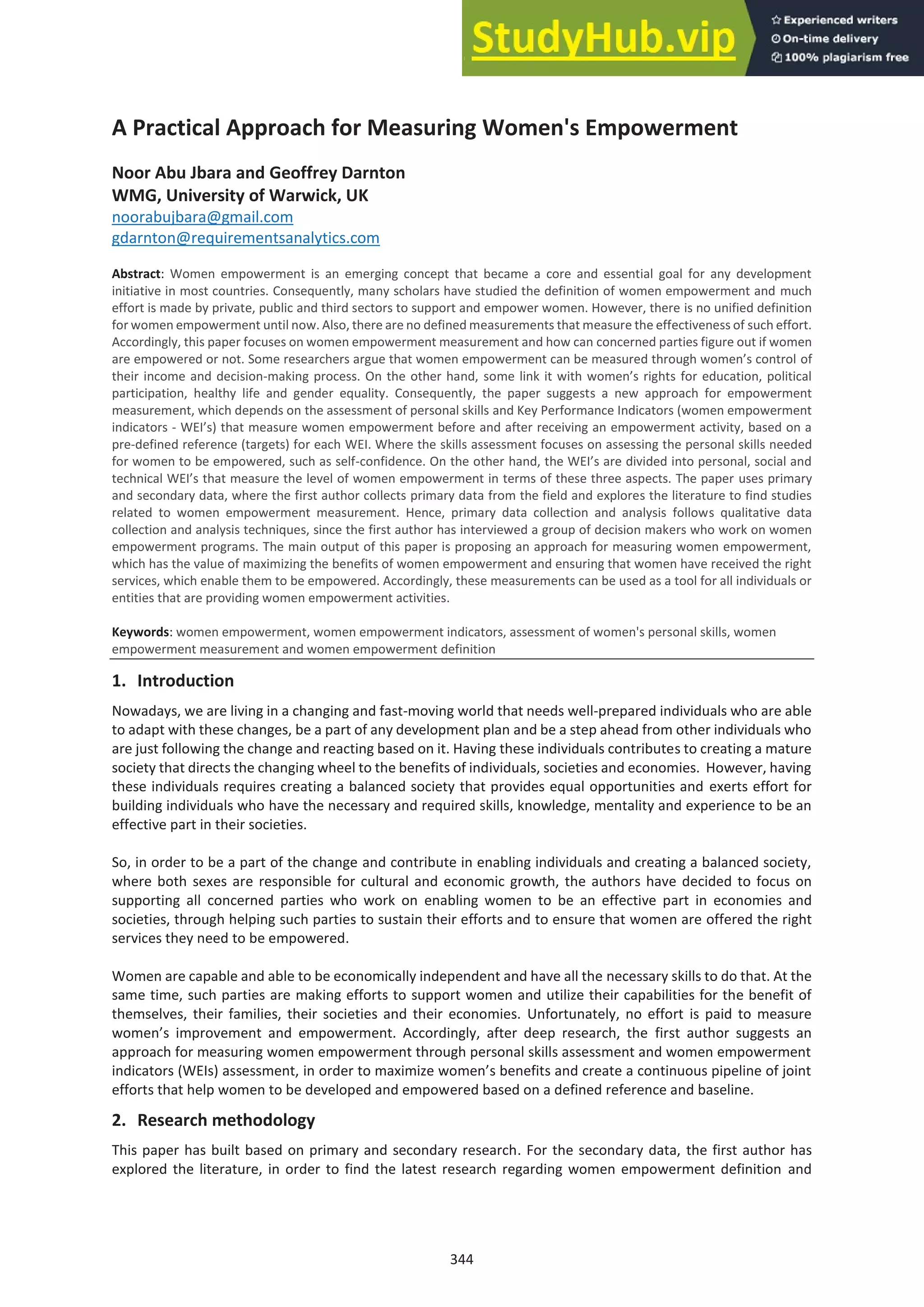 A Practical Approach For Measuring Women S Empowerment | PDF