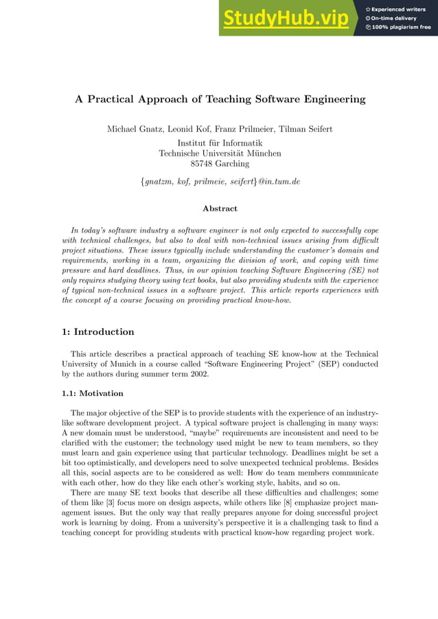 A Practical Approach Of Teaching Software Engineering | PDF