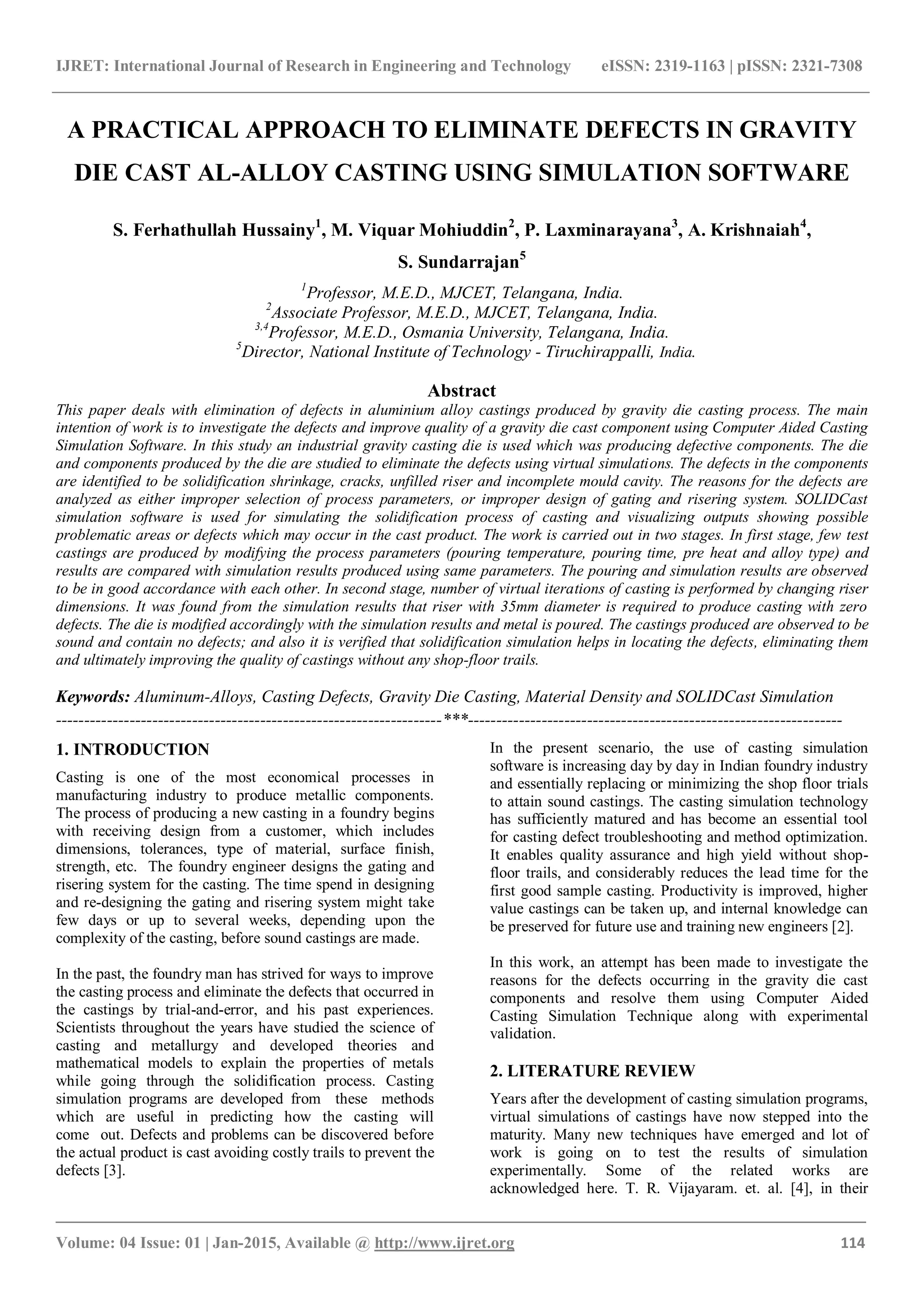 A Practical Approach To Eliminate Defects In Gravity Die Cast Al Alloy Casting Using Simulation
