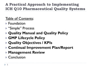 A Practical Approach to Implementing ICH Q10 Pharmaceutical Quality ...