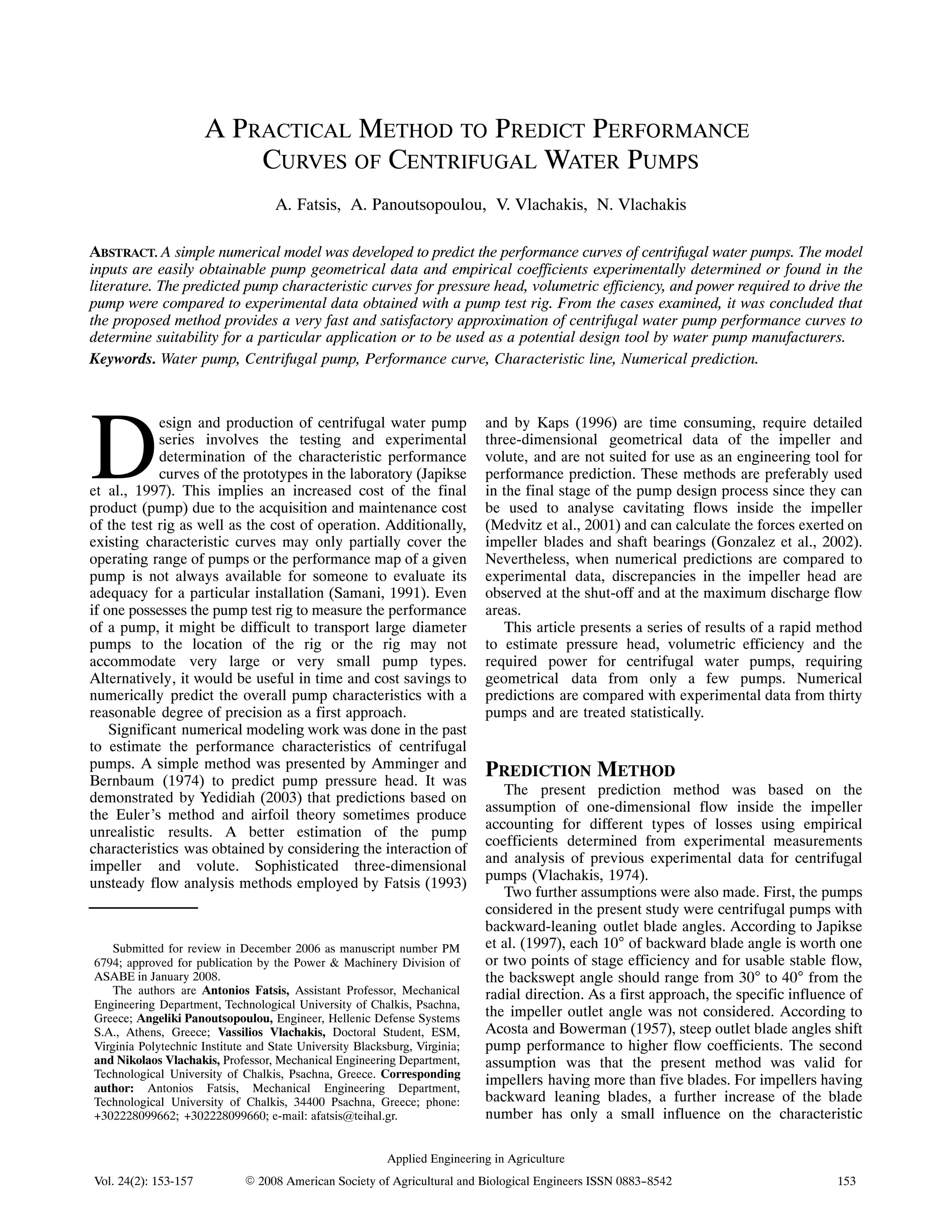 A practical method to predict performance curves of centrifugal water pumps | PDF