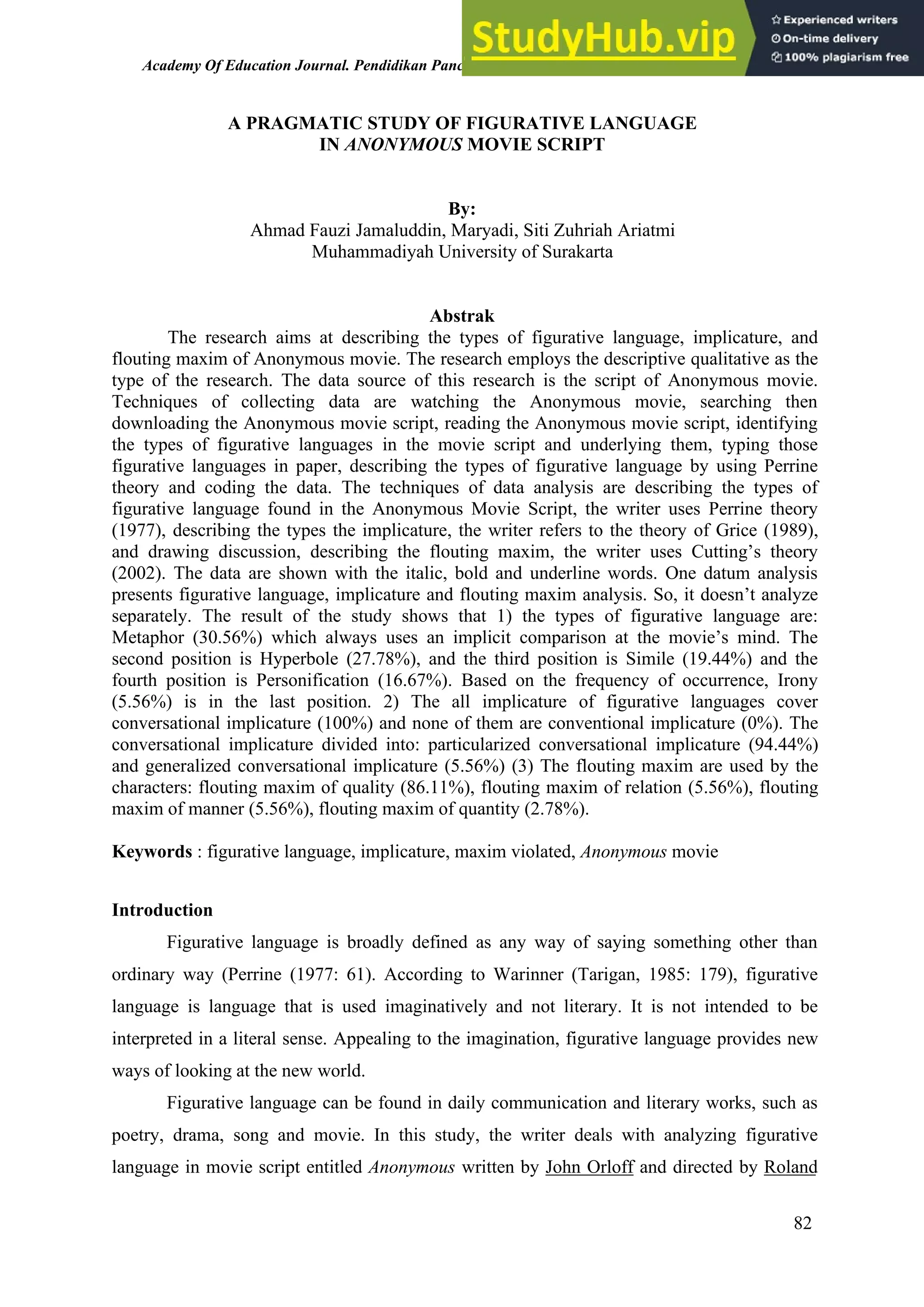 A PRAGMATIC STUDY OF FIGURATIVE LANGUAGE IN ANONYMOUS MOVIE SCRIPT | PDF
