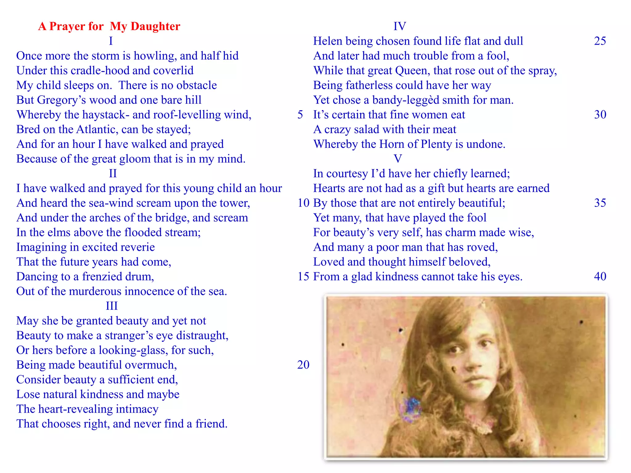A prayer for my daughter poem by Yeats | PPTX