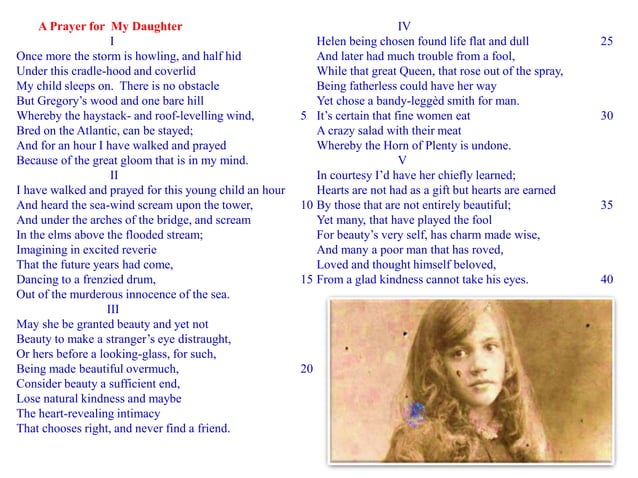 A prayer for my daughter poem by Yeats | PPTX | Poetry | Books and ...