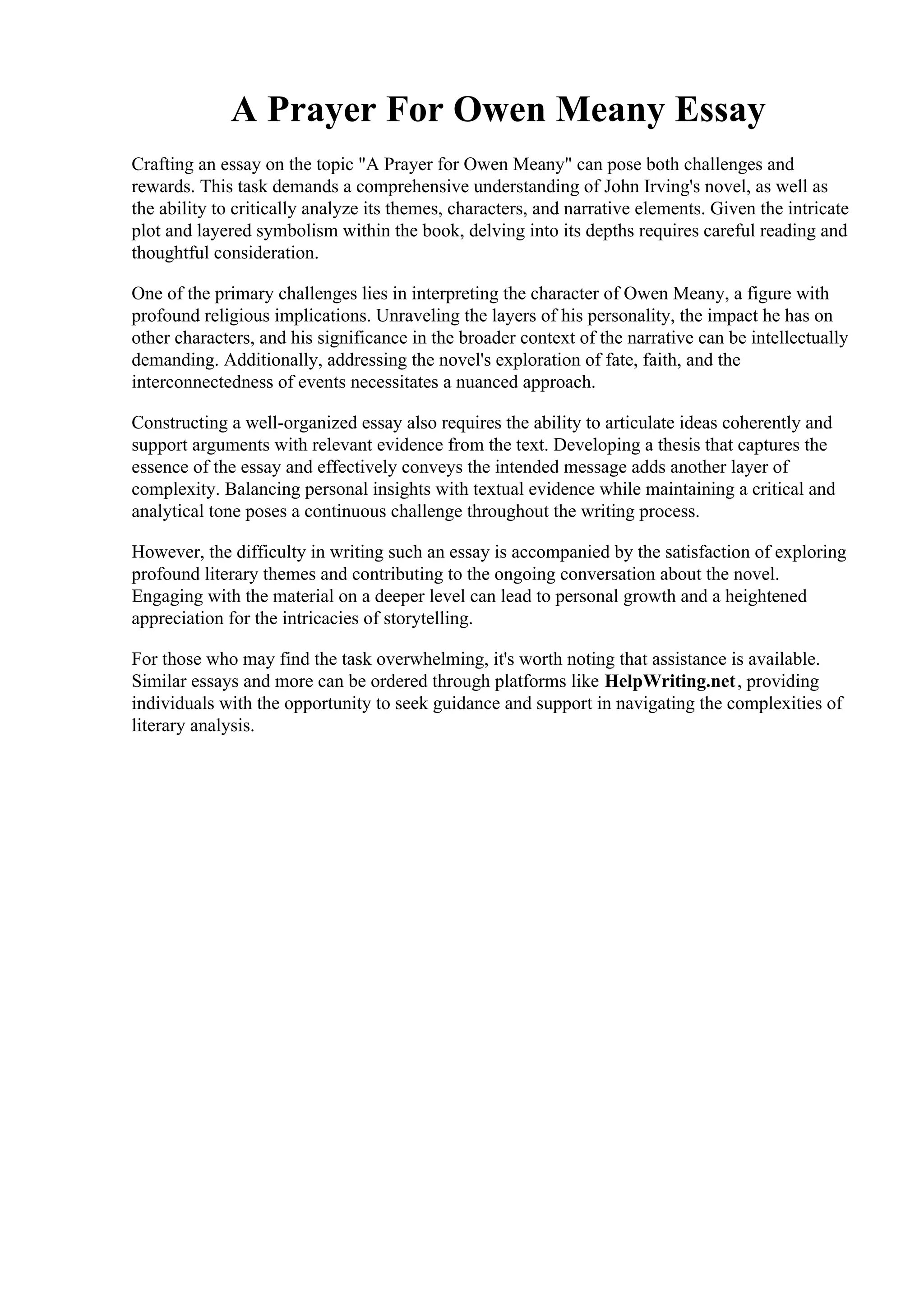 A Prayer For Owen Meany Essay | PDF