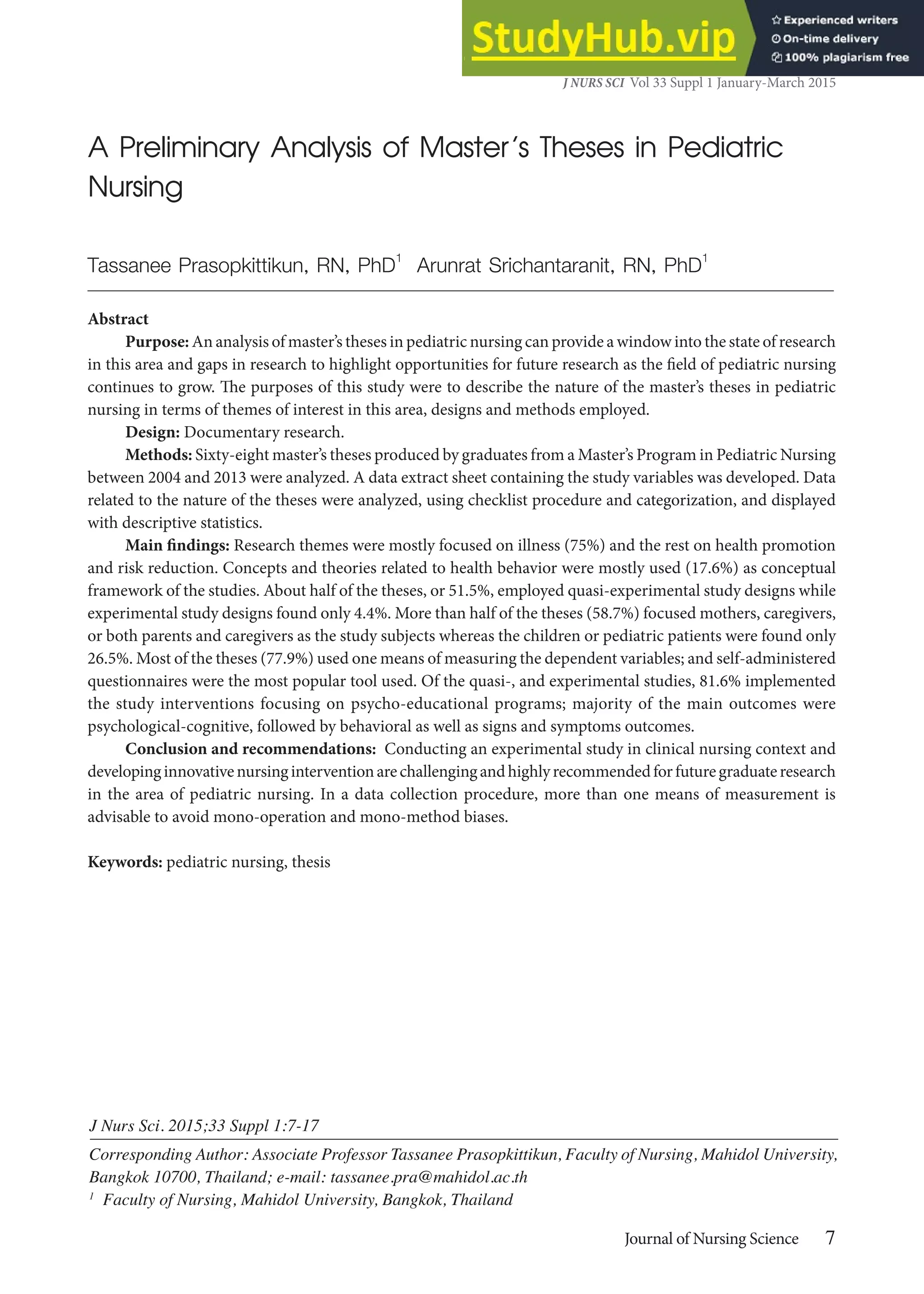 A Preliminary Analysis Of Master S Theses In Pediatric Nursing | PDF