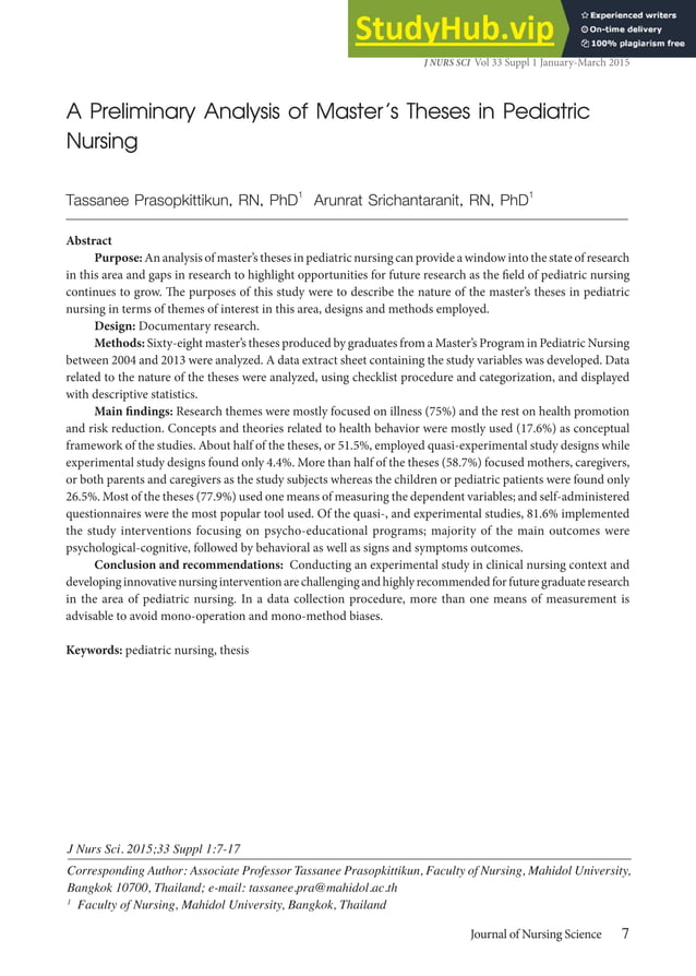 A Preliminary Analysis Of Master S Theses In Pediatric Nursing | PDF