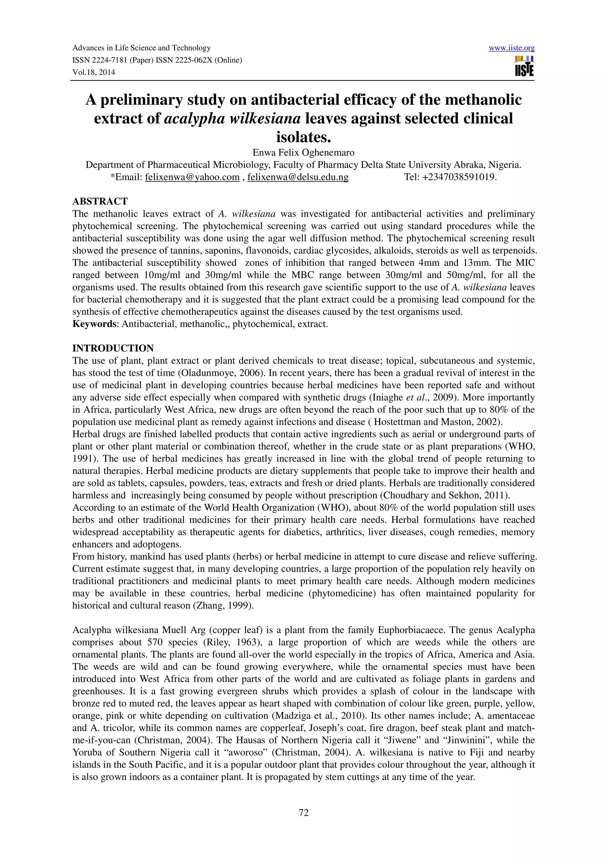 A preliminary study on antibacterial efficacy of the methanolic | PDF
