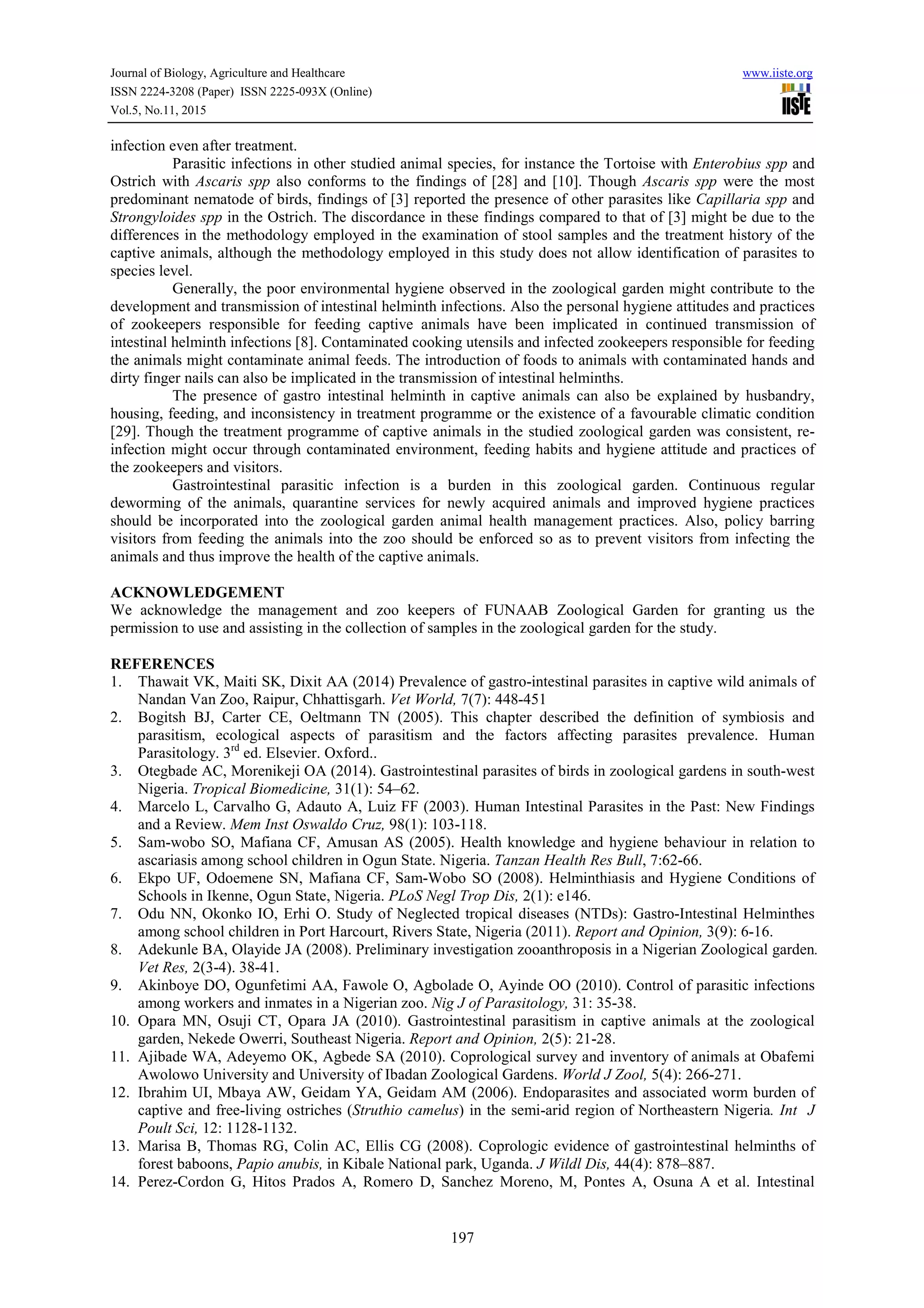 A preliminary survey of gastrointestinal parasites of animals in | PDF