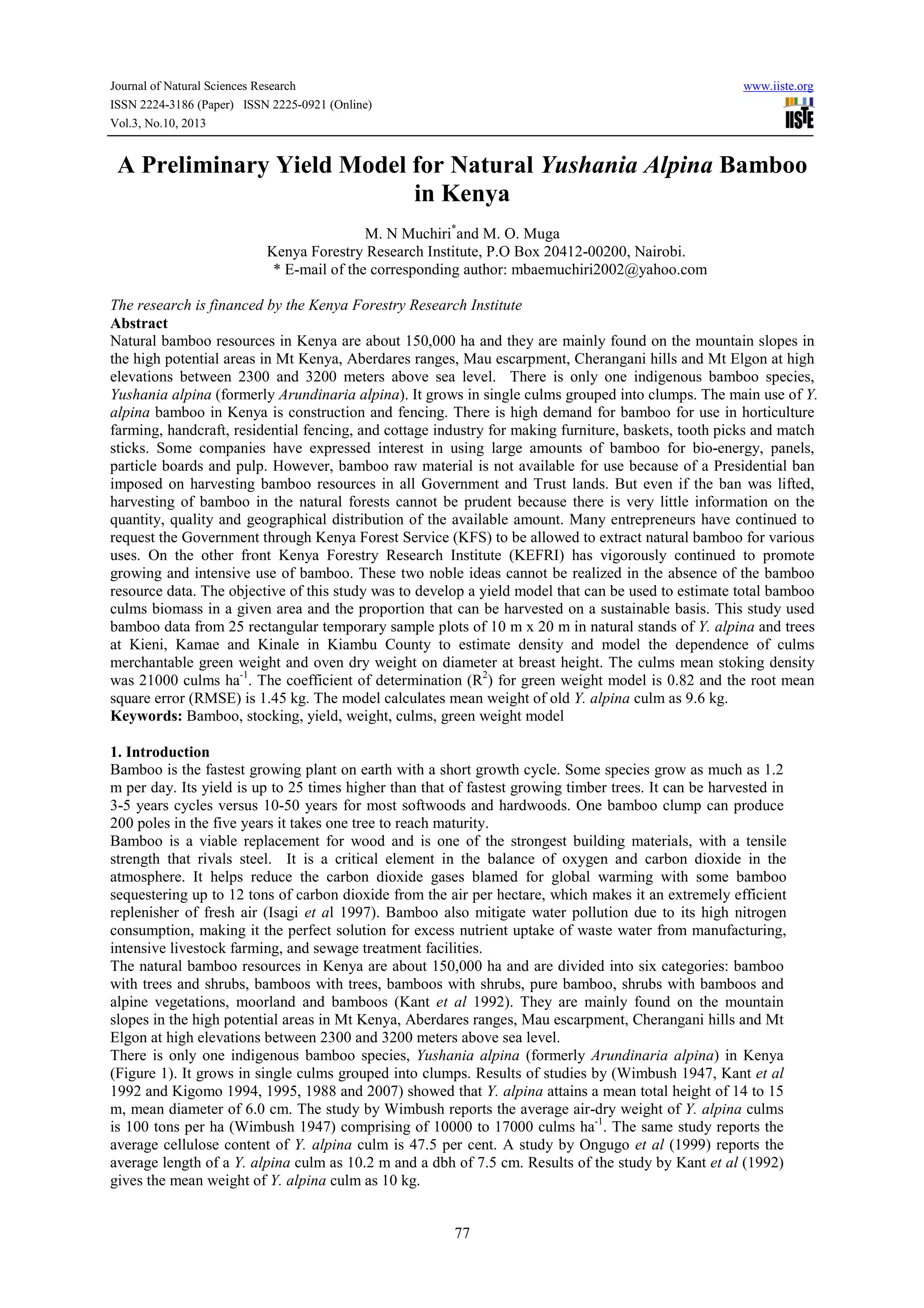 A preliminary yield model for natural yushania alpina bamboo in kenya | PDF