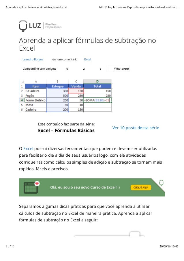 Aprenda A Aplicar Fórmulas De Subtração No Excel