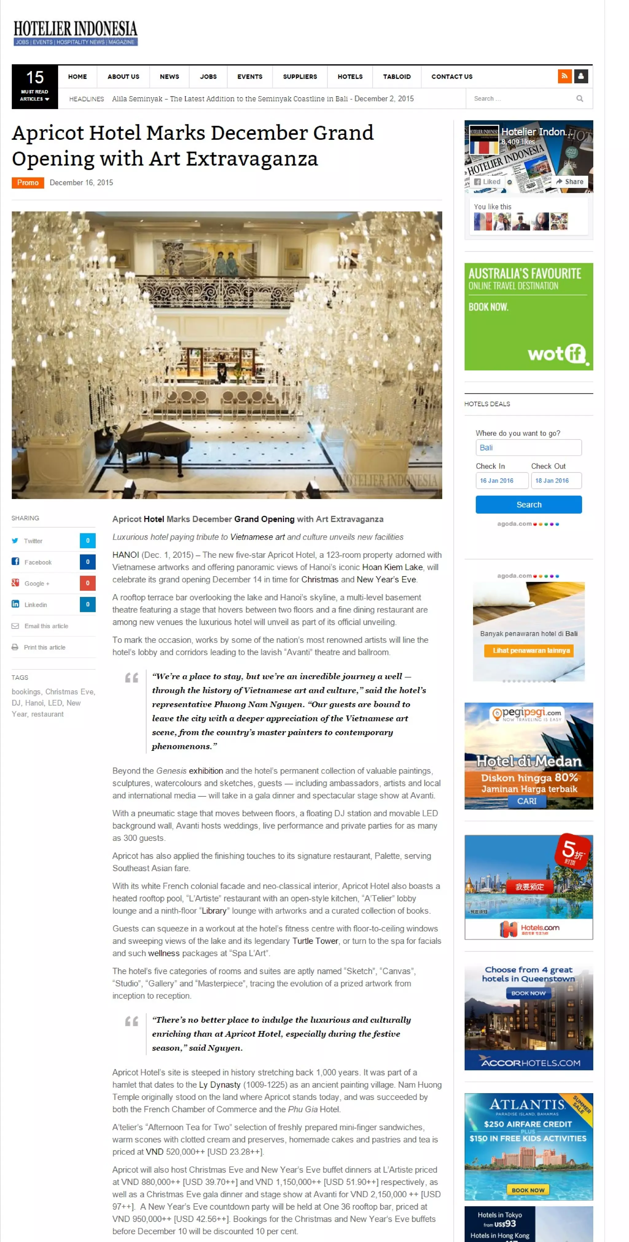 Hotelier Indonesia: Apricot Hotel Marks December Grand Opening with Art ...
