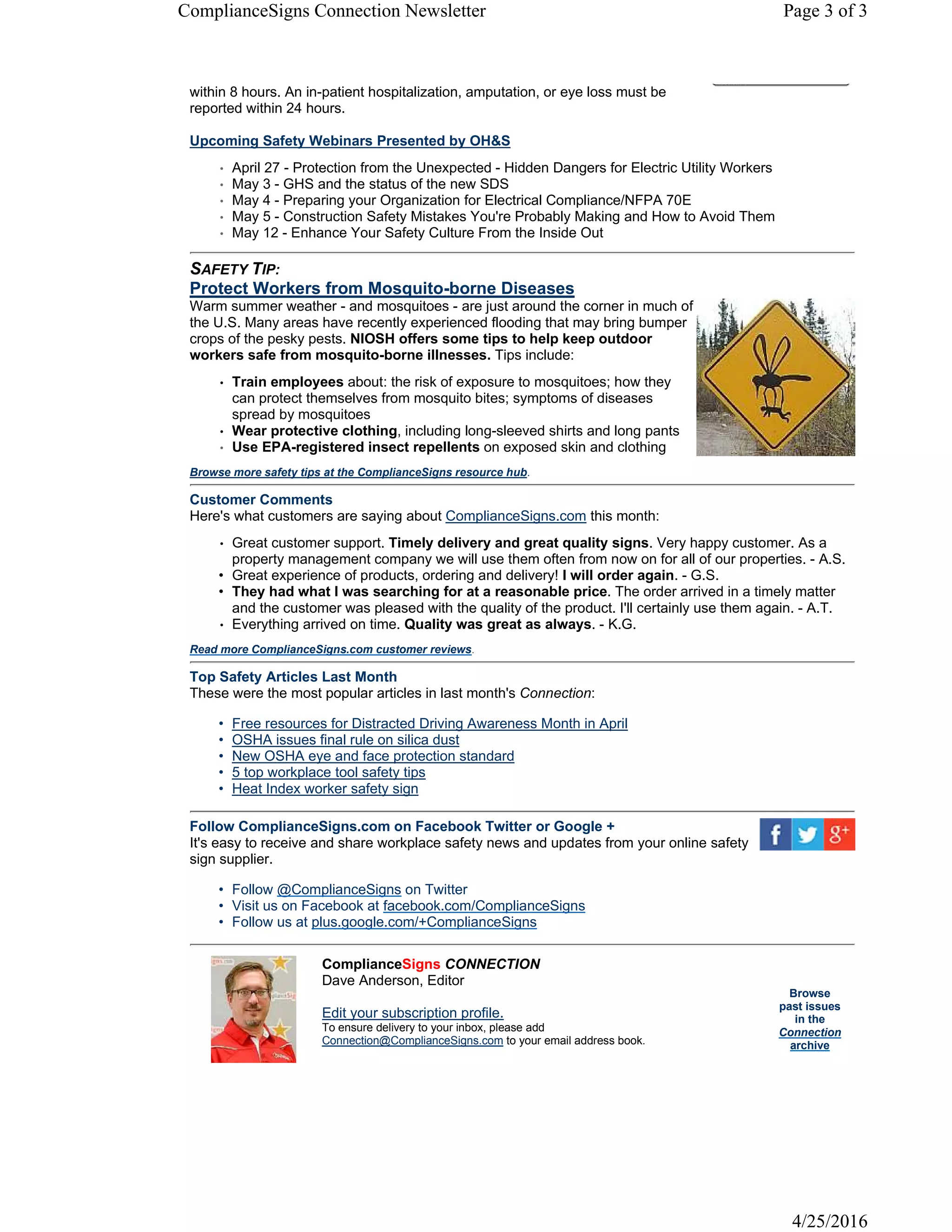 April 2016 ComplianceSigns Connection Workplace Safety Newsletter | PDF