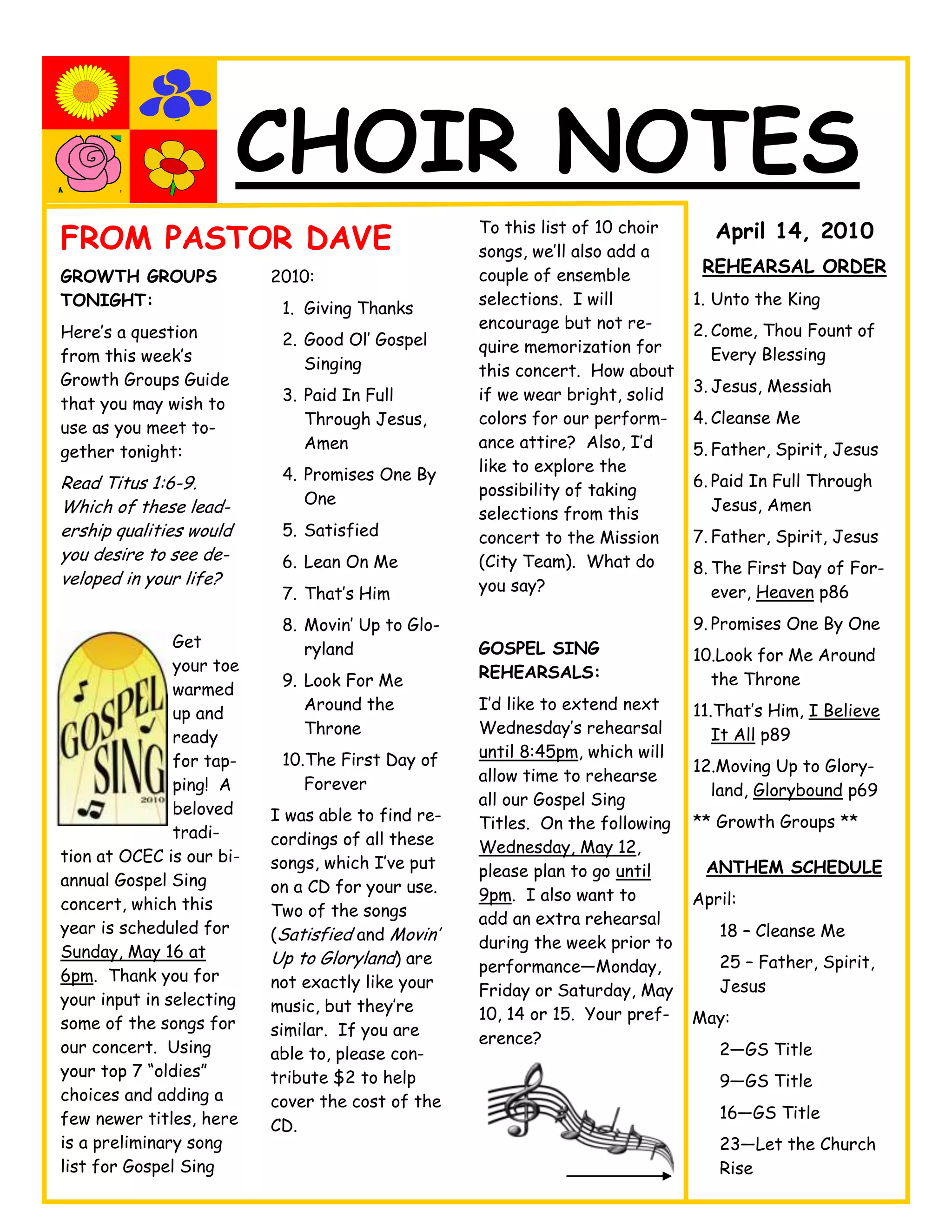 April 14 choir notes | PDF