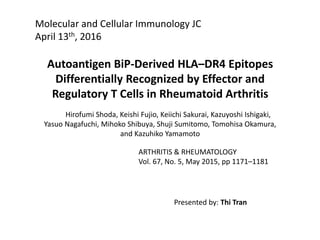 BiP-derived HLA-DR4 Epitopes Differentially Recognized by T cells in RA ...