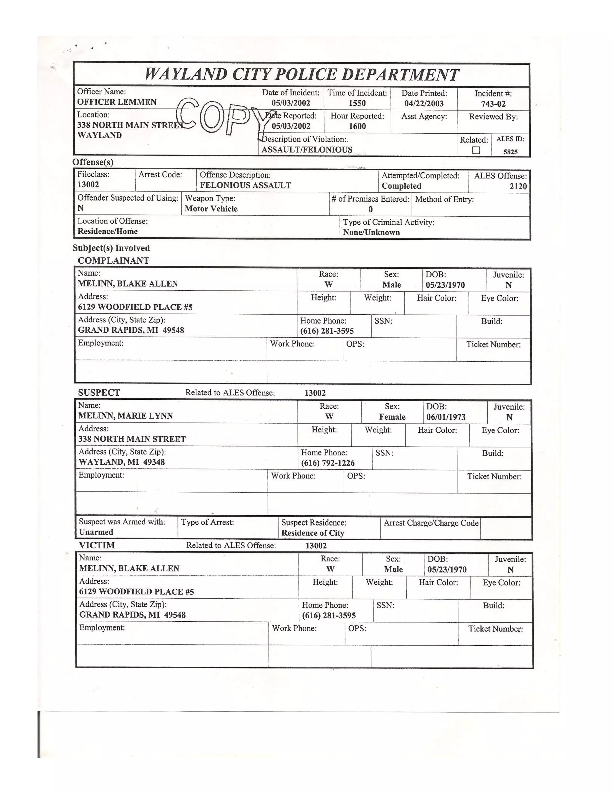 April 22 2003 police report charging maria bauer melinn with dv | PDF