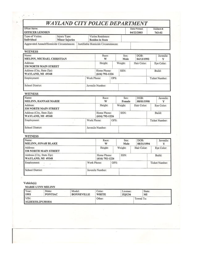 April 22 2003 police report charging maria bauer melinn with dv