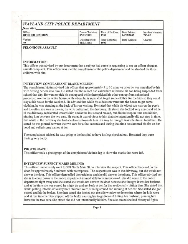 April 22 2003 police report charging maria bauer melinn with dv