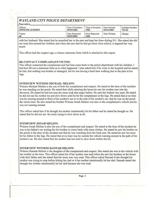 April 22 2003 police report charging maria bauer melinn with dv