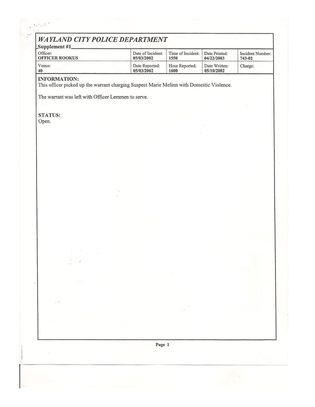April 22 2003 police report charging maria bauer melinn with dv