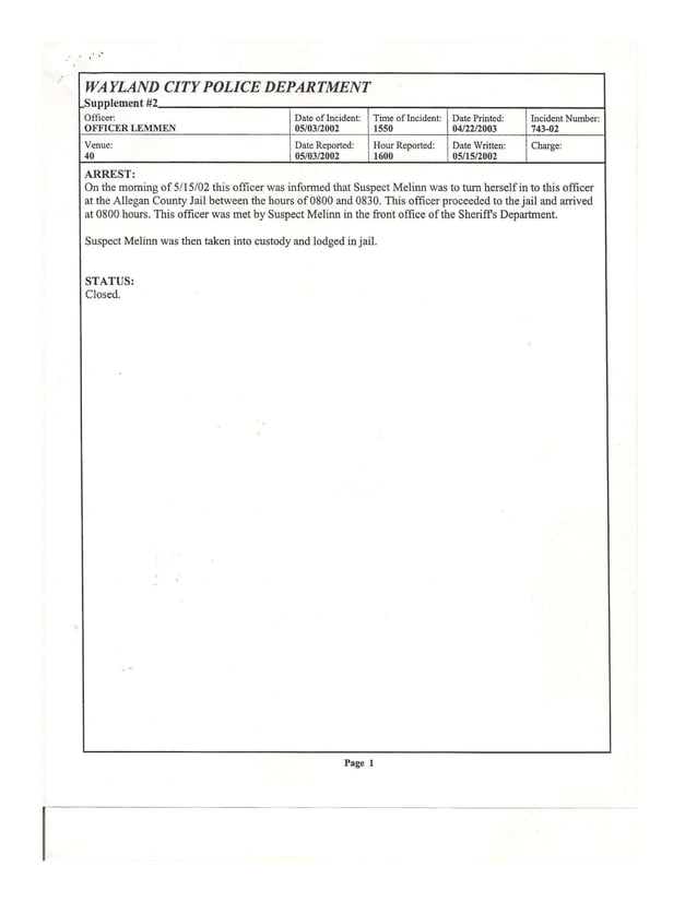 April 22 2003 police report charging maria bauer melinn with dv