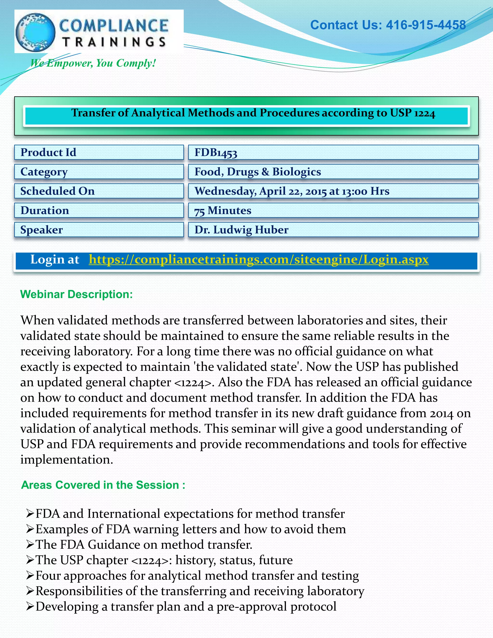 Webinar on transfer of analytical methods and procedures according to usp 1224 | PDF