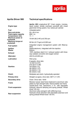 Aprilia Shiver 900 and Dorsoduro 900 - India Specs | PDF