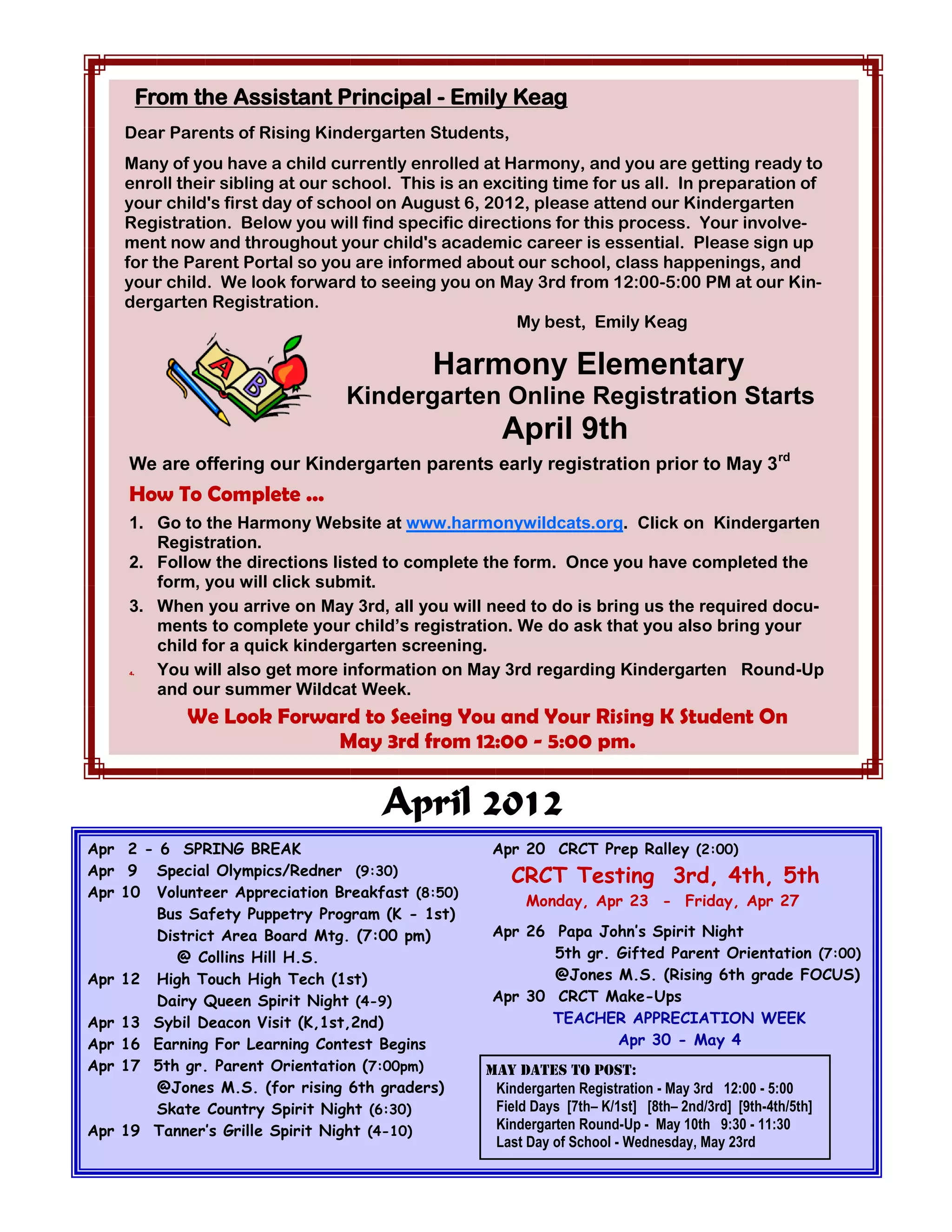 Harmony Elementary April 2012 Monthly Parent Newsletter