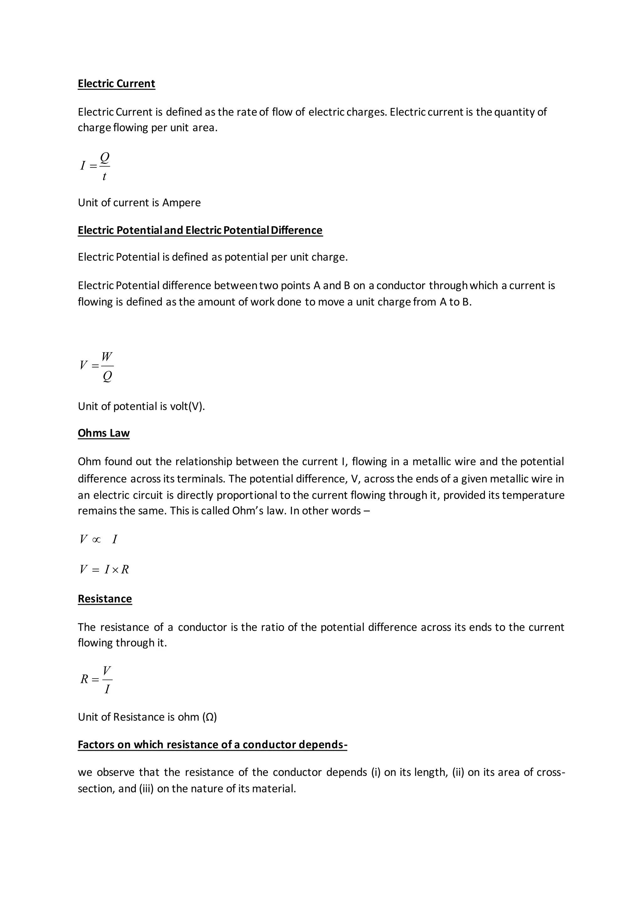 Electricity Class 10_ Physics notes | PDF