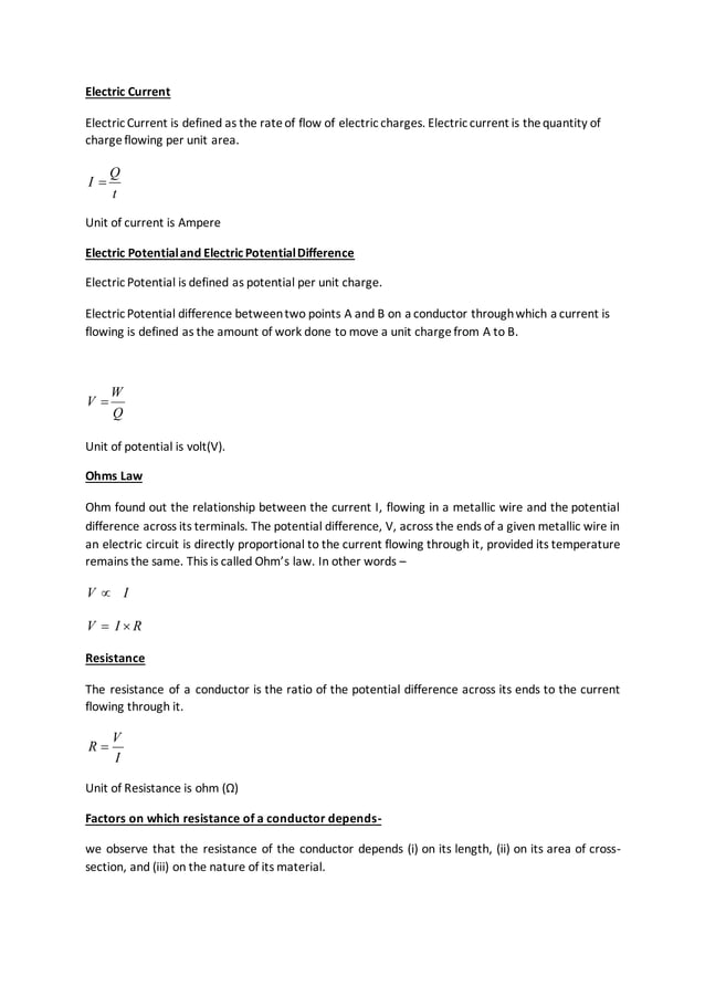 Electricity Class 10_ Physics notes | PDF