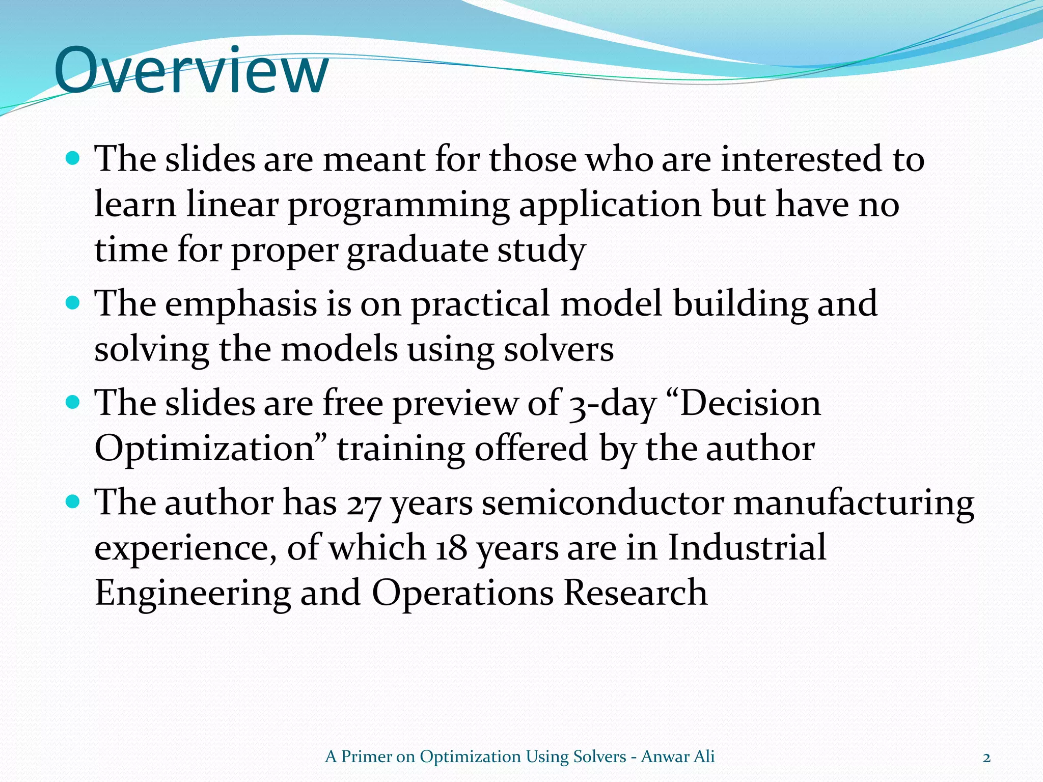 A primer on optimization using solvers | PPT