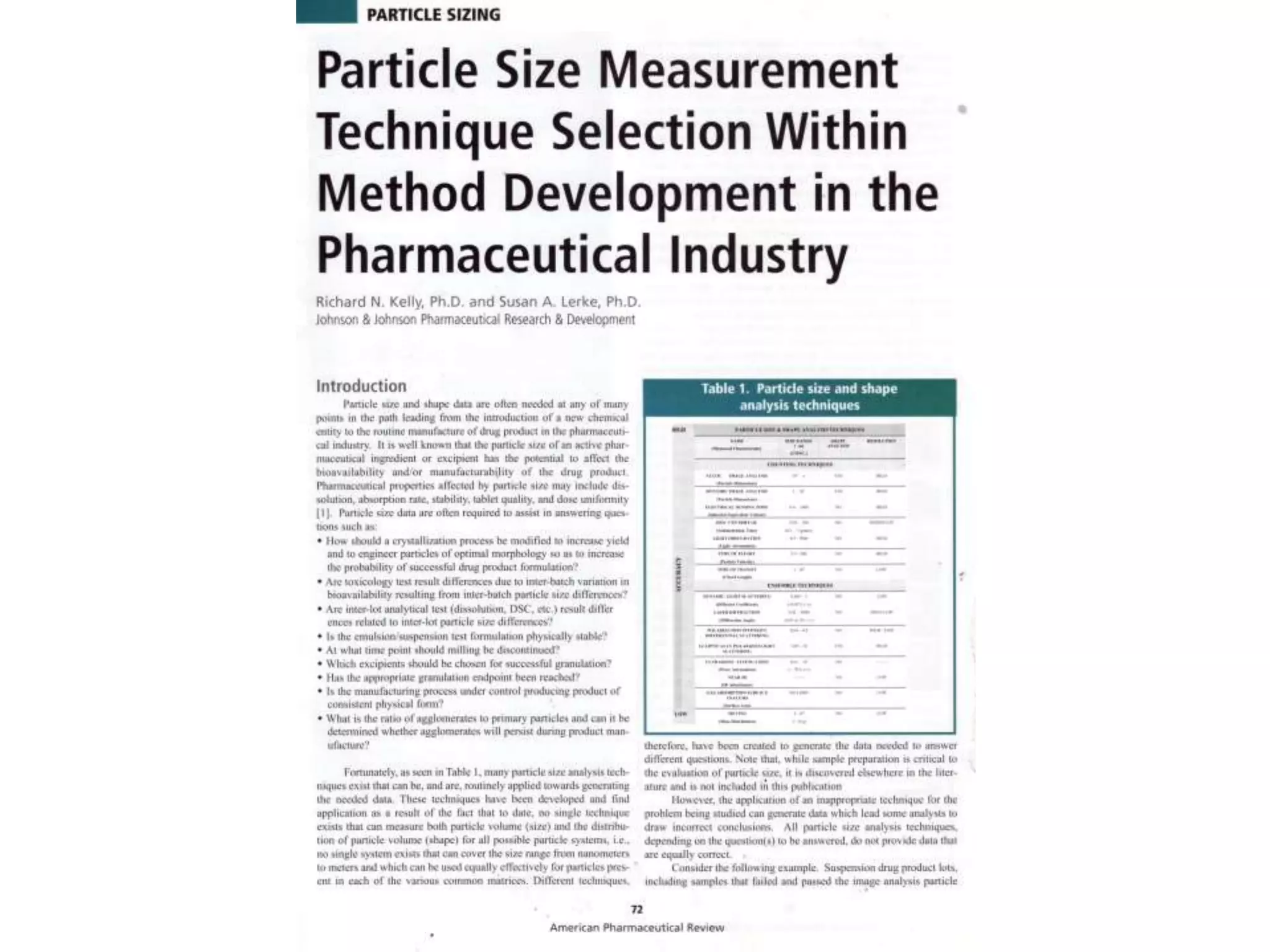 Particle Size Measurement Technique Selection within Method Development ...
