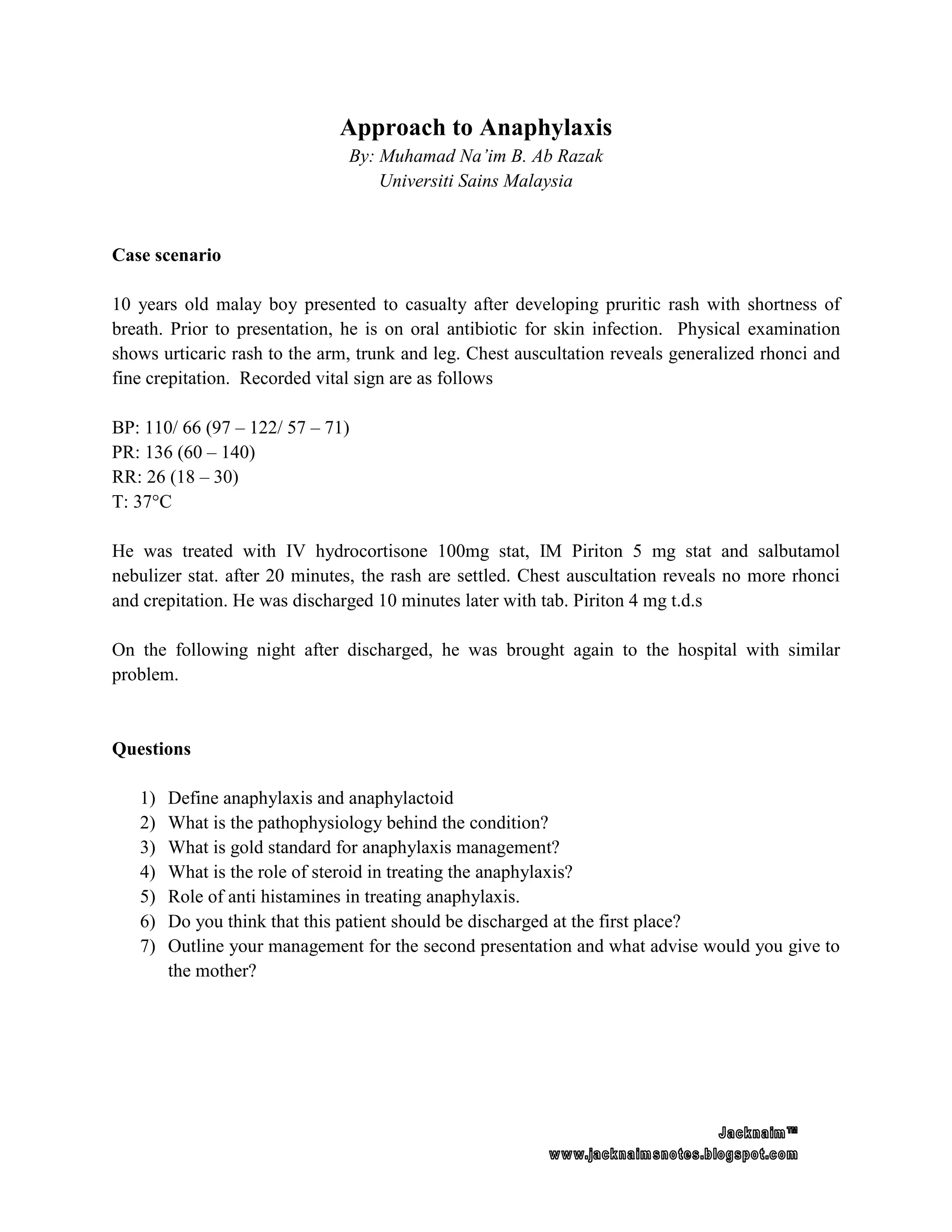 Aproach to anaphylaxis evidence based medicine | PDF